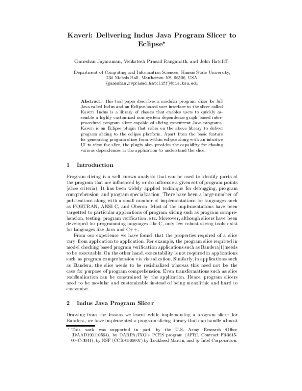 (PDF) Kaveri: Delivering the Indus Java Program Slicer to Eclipse