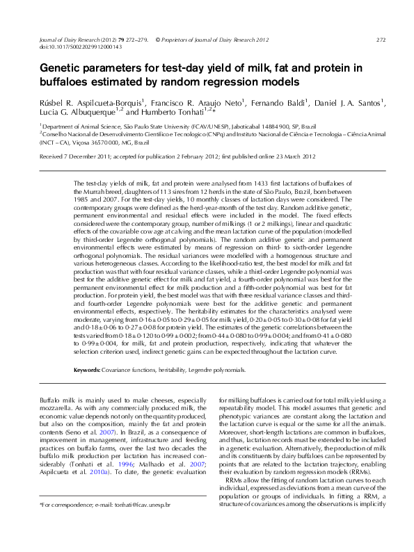 Pdf Genetic Parameters For Test Day Yield Of Milk Fat And Protein In Buffaloes Estimated By