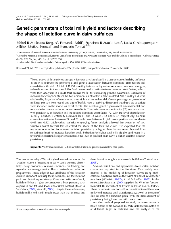 (PDF) Genetic parameters of total milk yield and factors describing the shape of lactation curve ...