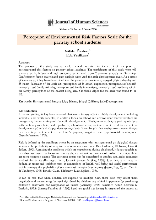 (PDF) Perception of Environmental Risk Factors Scale for the primary ...