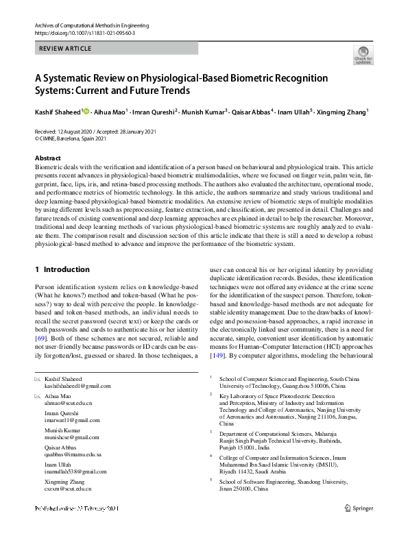 Pdf A Systematic Review On Physiological Based Biometric Recognition Systems Current And