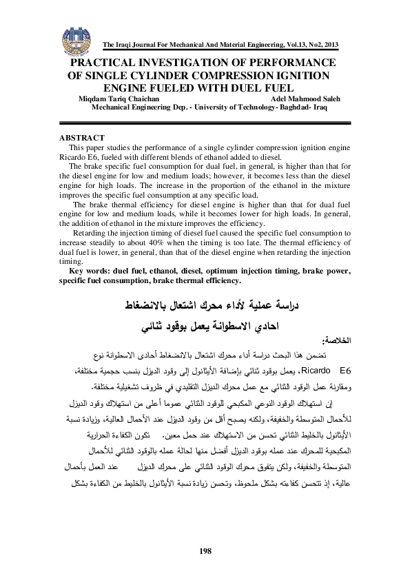(PDF) Performance of Single Cylinder CI Engine with Dual Fuel Ethanol ...