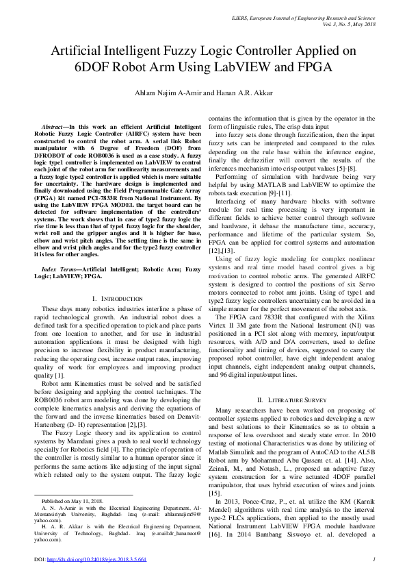 Pdf Artificial Intelligent Fuzzy Logic Controller Applied On 6dof Robot Arm Using Labview And Fpga