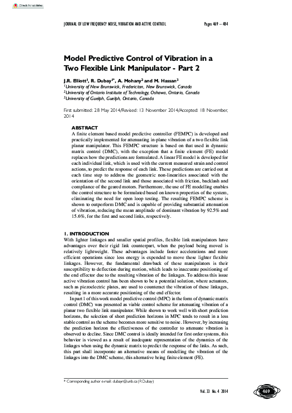 (PDF) Model Predictive Control of Vibration in a Two Flexible Link Manipulator - Part 1