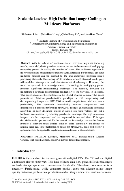 (PDF) Scalable Lossless High Definition Image Coding on Multicore Platforms | Shih-wei Liao ...