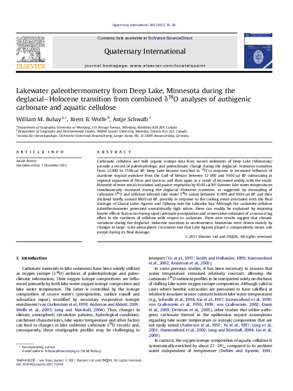 (PDF) Lakewater paleothermometry from Deep Lake, Minnesota during the ...