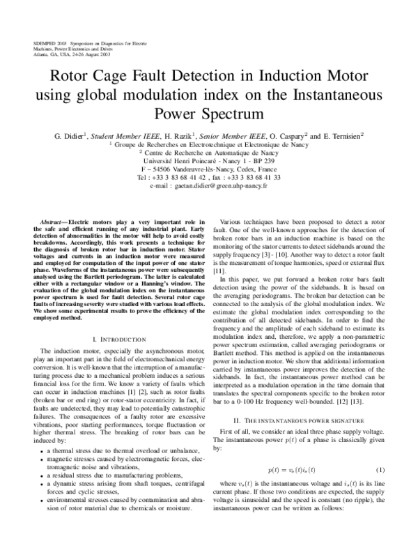 Pdf Rotor Cage Fault Detection In Induction Motor Using Global Modulation Index On The