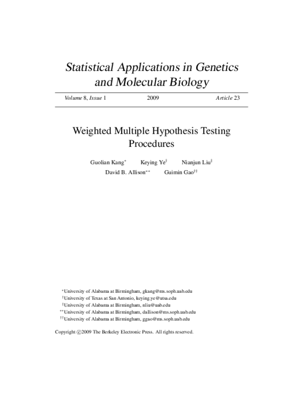(PDF) Weighted Multiple Hypothesis Testing Procedures | Guimin Gao ...