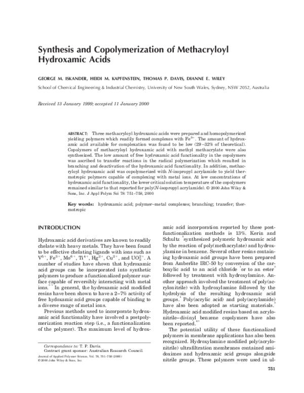 (PDF) Synthesis and Copolymerization of Methacryloyl Hydroxamic Acids ...
