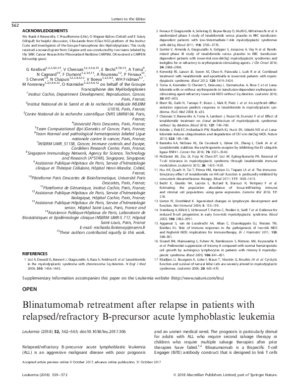 (PDF) Blinatumomab retreatment after relapse in patients with relapsed/refractory B-precursor ...