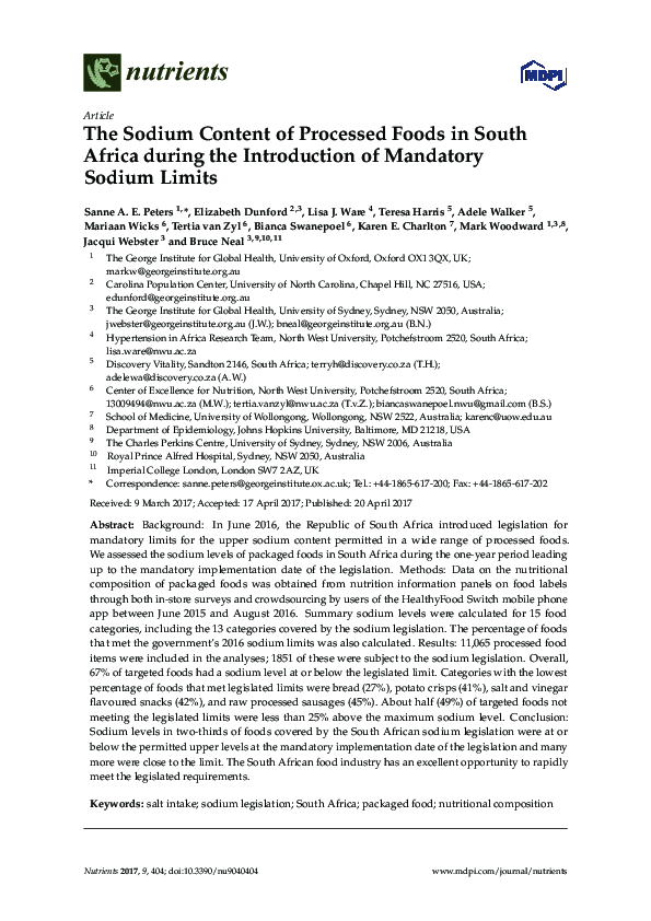 (PDF) The Sodium Content of Processed Foods in South Africa during the ...