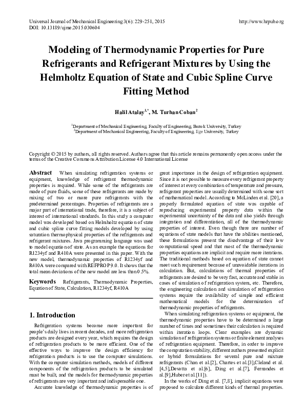 (PDF) Modeling of Thermodynamic Properties for Pure Refrigerants and ...