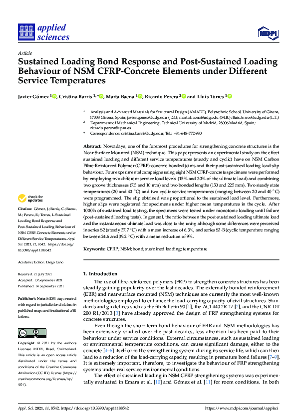 Pdf Sustained Loading Bond Response And Post Sustained Loading Behaviour Of Nsm Cfrp Concrete