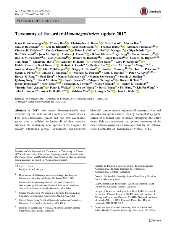 (PDF) Taxonomy of the order Mononegavirales: update 2017