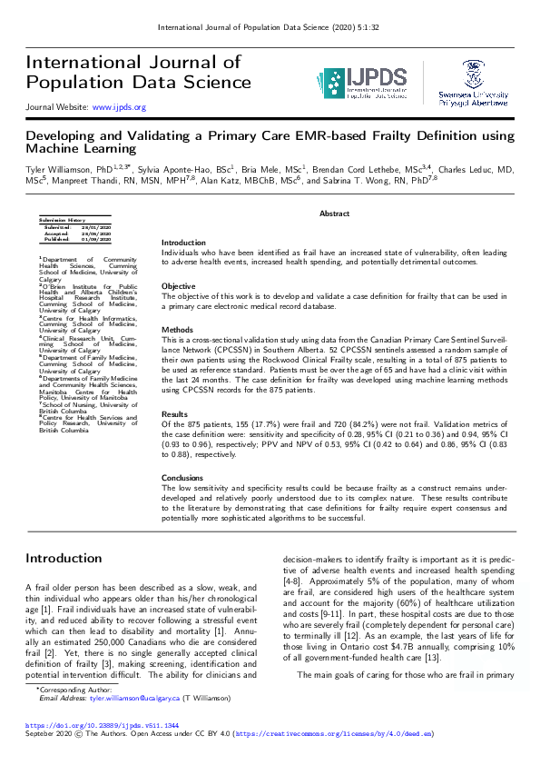 (PDF) Developing and validating a primary care EMR-based frailty definition using machine learning