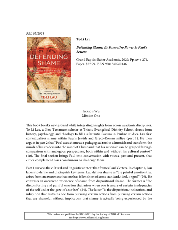 (PDF) Review of Te-Li Lau's Defending Shame: Its Formative Power in ...