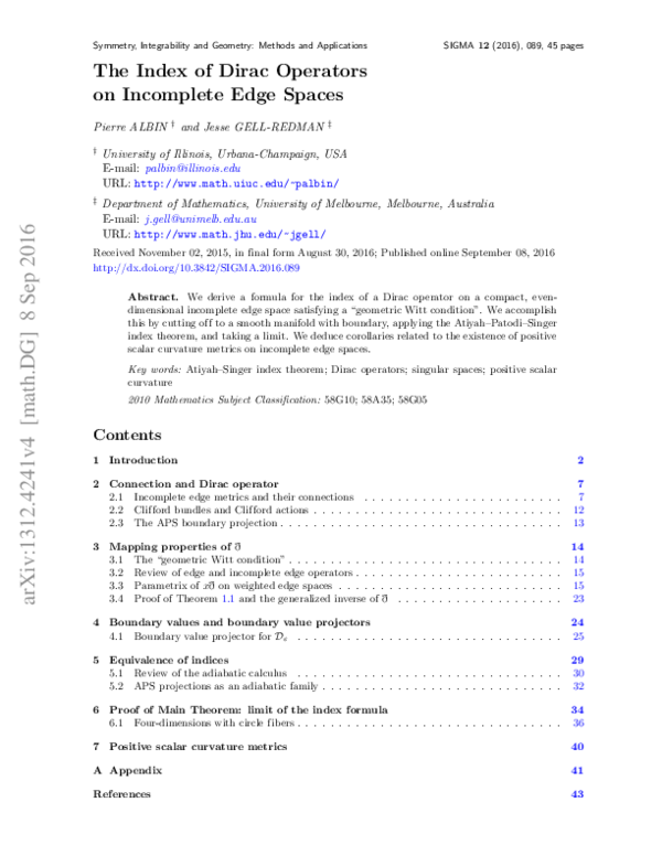 (PDF) The Index of Dirac Operators on Incomplete Edge Spaces