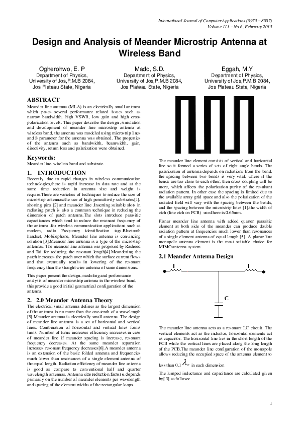 (PDF) Design and Analysis of Meander Microstrip Antenna at Wireless Band