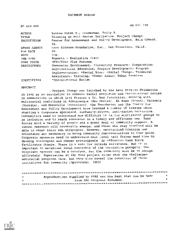 (PDF) Planning an Anti-Racism Initiative. Project Change