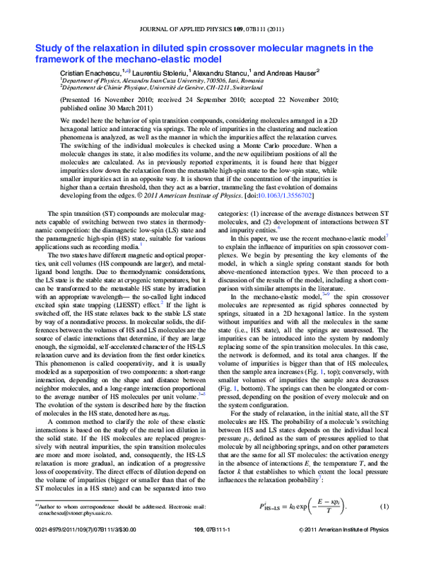 (PDF) Study of the relaxation in diluted spin crossover molecular ...