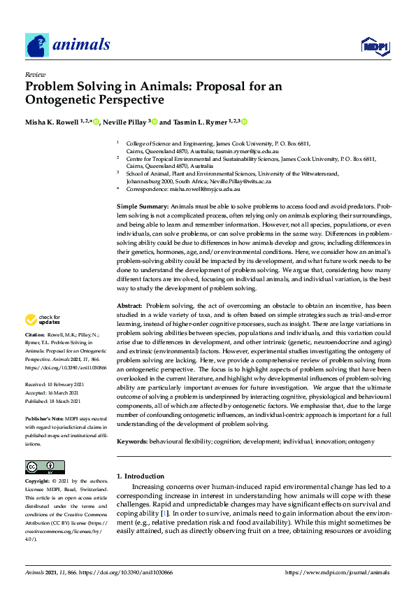 (PDF) Problem Solving in Animals: Proposal for an Ontogenetic Perspective