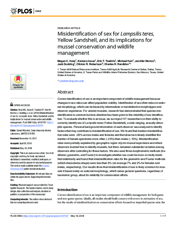 (PDF) Misidentification of sex for Lampsilis teres, Yellow Sandshell ...