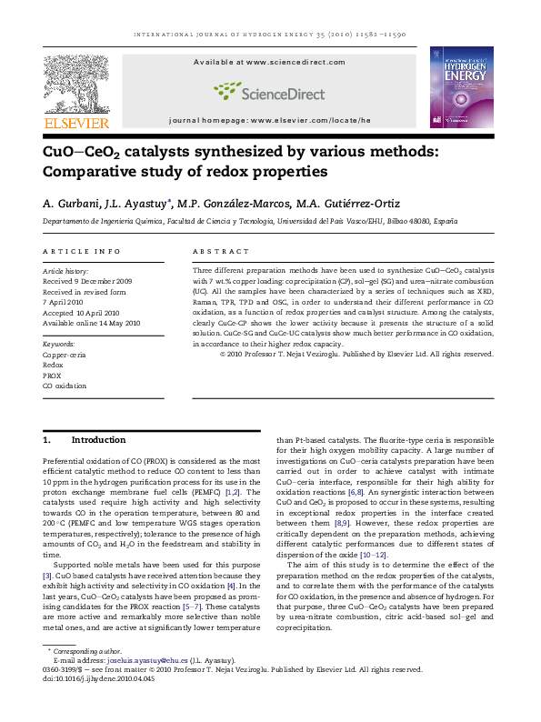 (PDF) CuO–CeO2 catalysts synthesized by various methods: Comparative ...