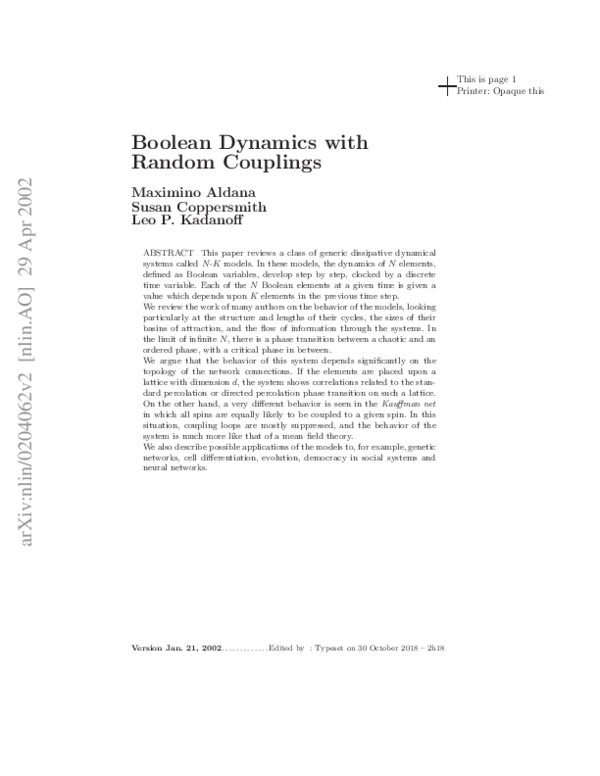 Pdf Dynamical Behavior Of N K Boolean Models