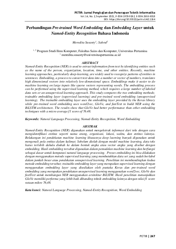 (PDF) Perbandingan Pre-trained Word Embedding dan Embedding Layer untuk Named-Entity Recognition ...