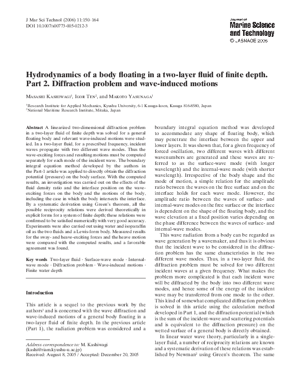 (PDF) Hydrodynamics of a body floating in a two-layer fluid of finite depth. Part 2. Diffraction ...