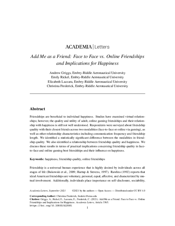 (PDF) Add Me as a Friend: Face to Face vs. Online Friendships and ...