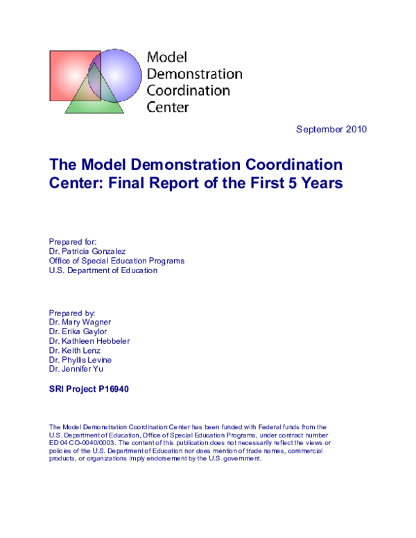 (PDF) The Model Demonstration Coordination Center: Final Report of the First 5 Years