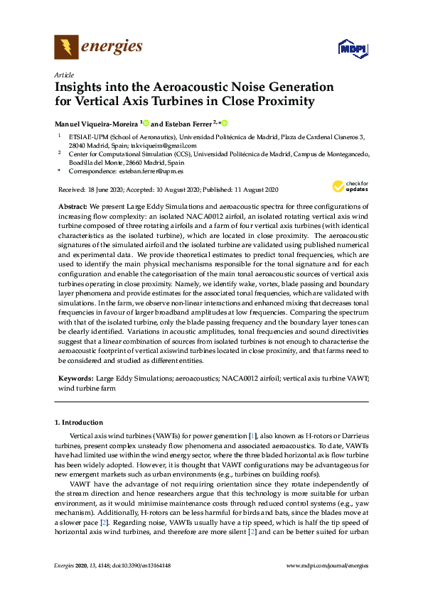 (PDF) Insights into the Aeroacoustic Noise Generation for Vertical Axis Turbines in Close Proximity