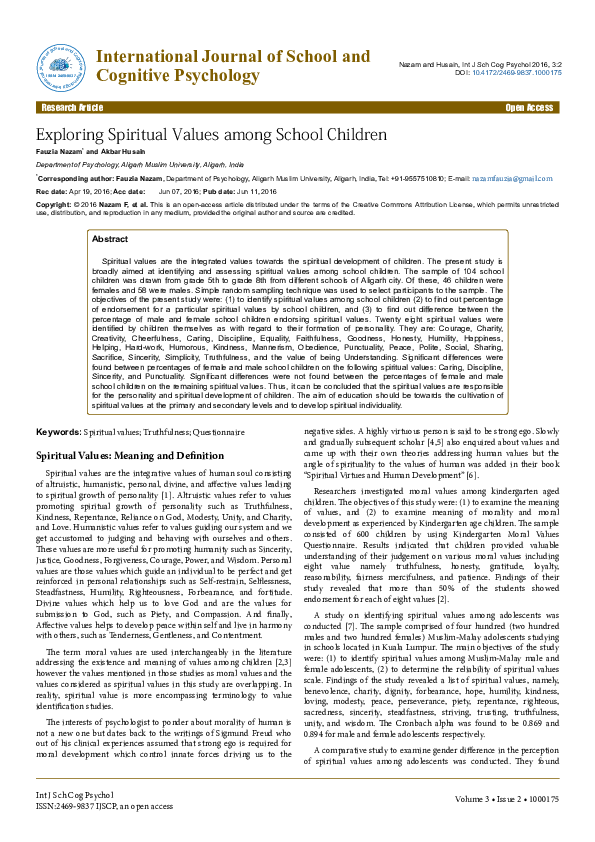 (PDF) Exploring Spiritual Values among School Children