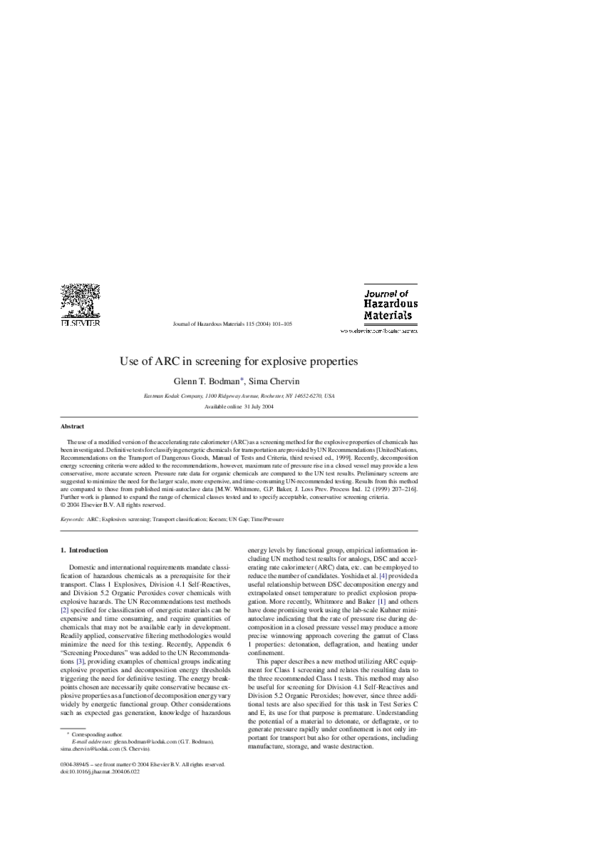 (PDF) Use of ARC in screening for explosive properties
