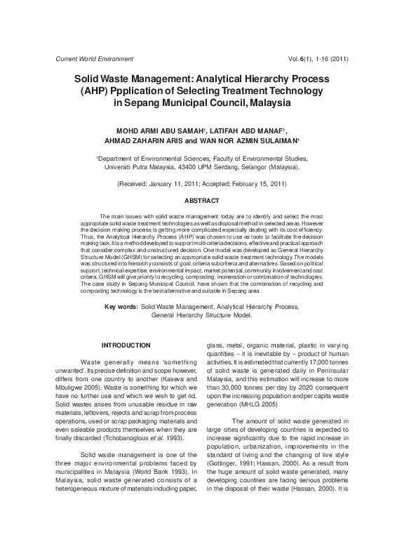 (PDF) Solid waste management: Analytical Hierarchy Process (AHP ...