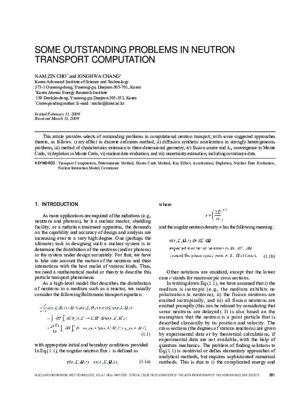 (PDF) Some Outstanding Problems in Neutron Transport Computation