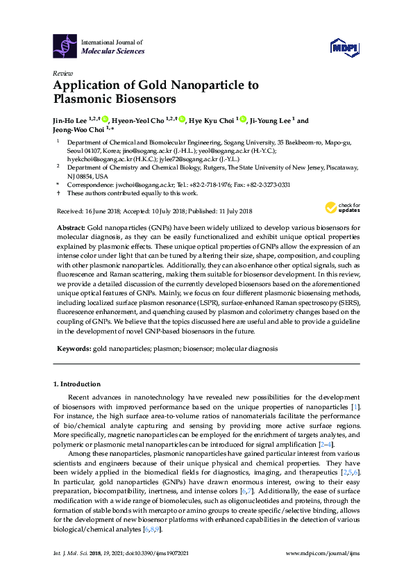 (PDF) Application of Gold Nanoparticle to Plasmonic Biosensors