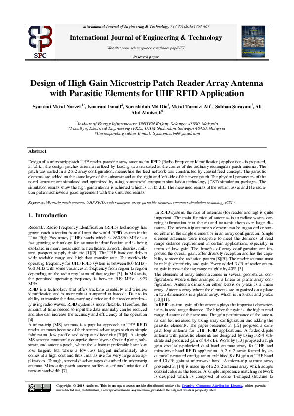 (PDF) Design of High Gain Microstrip Patch Reader Array Antenna with Parasitic Elements for UHF ...