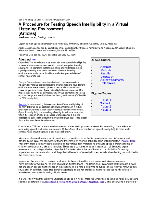 (PDF) A Procedure for Testing Speech Intelligibility in a Virtual ...