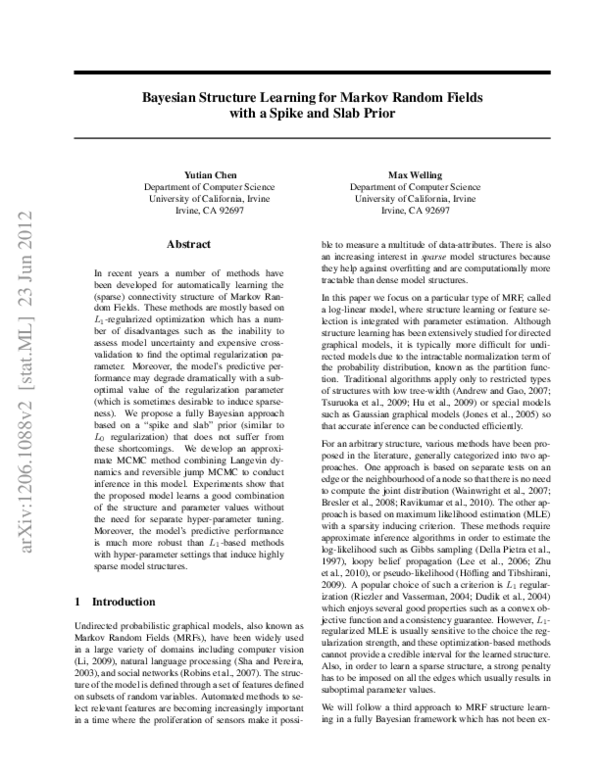 Pdf Bayesian Structure Learning For Markov Random Fields With A Spike