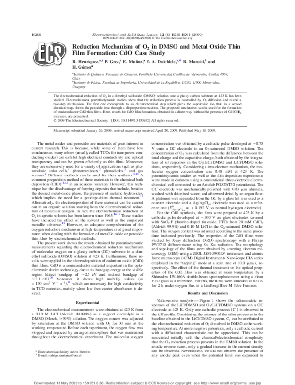 (PDF) Reduction Mechanism of O[sub 2] in DMSO and Metal Oxide Thin Film Formation: CdO Case Study