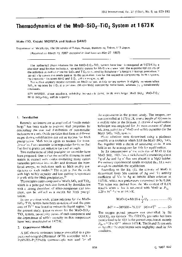 (PDF) Thermodynamics of the MnO-SiO2-TiO2 System at 1673 K