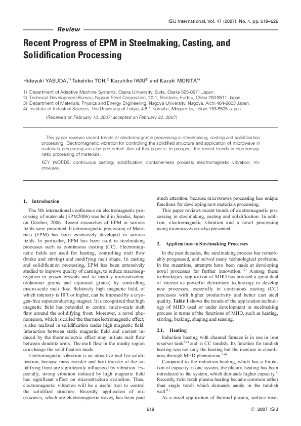 (PDF) Recent Progress of EPM in Steelmaking, Casting, and Solidification Processing