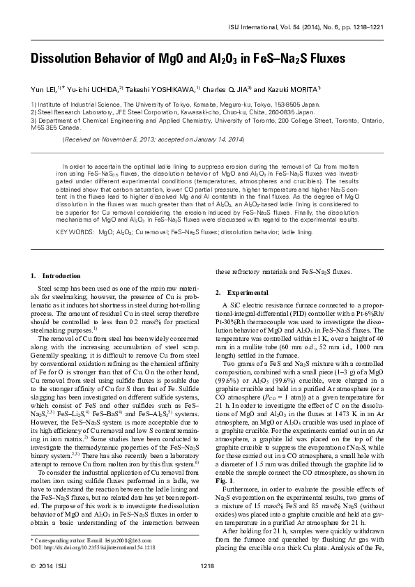 (PDF) Dissolution Behavior of MgO and Al2O3 in FeS–Na2S Fluxes