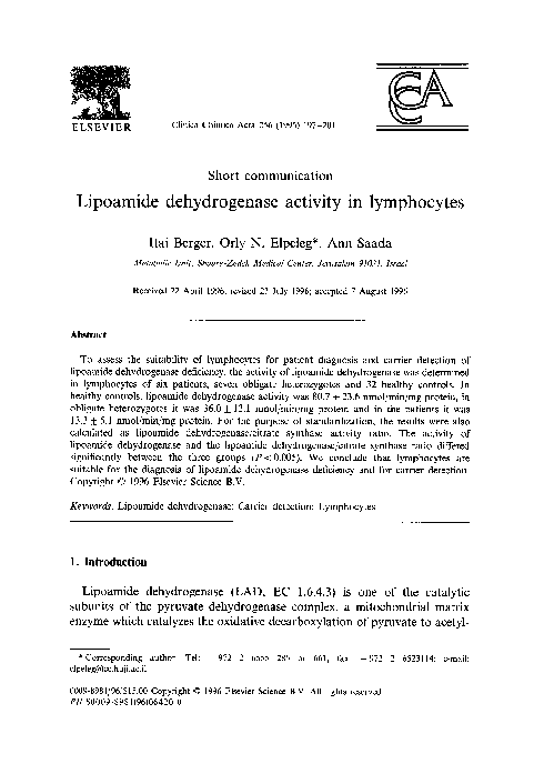 (PDF) Lipoamide dehydrogenase activity in lymphocytes