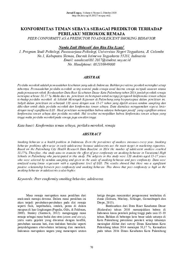 (PDF) Konformitas Teman Sebaya Sebagai Prediktor Terhadap Perilaku Merokok Remaja