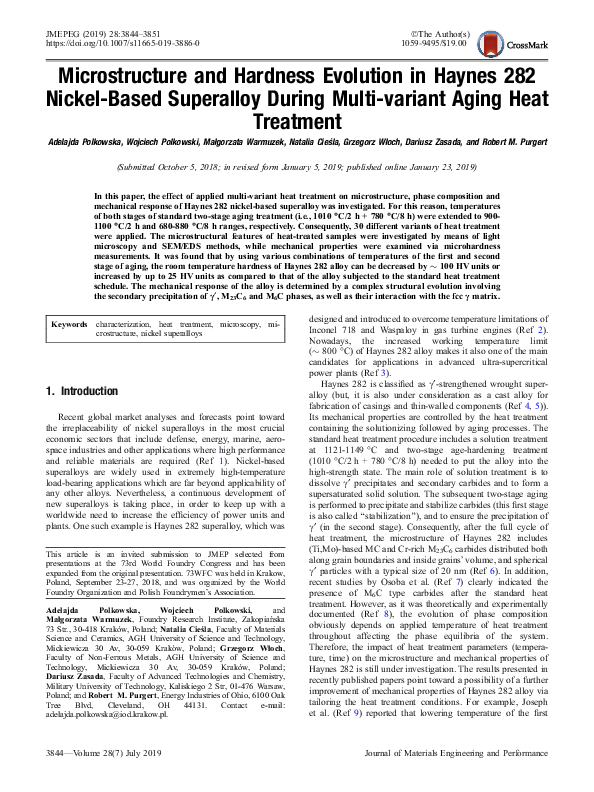 (PDF) Microstructure and Hardness Evolution in Haynes 282 Nickel-Based ...