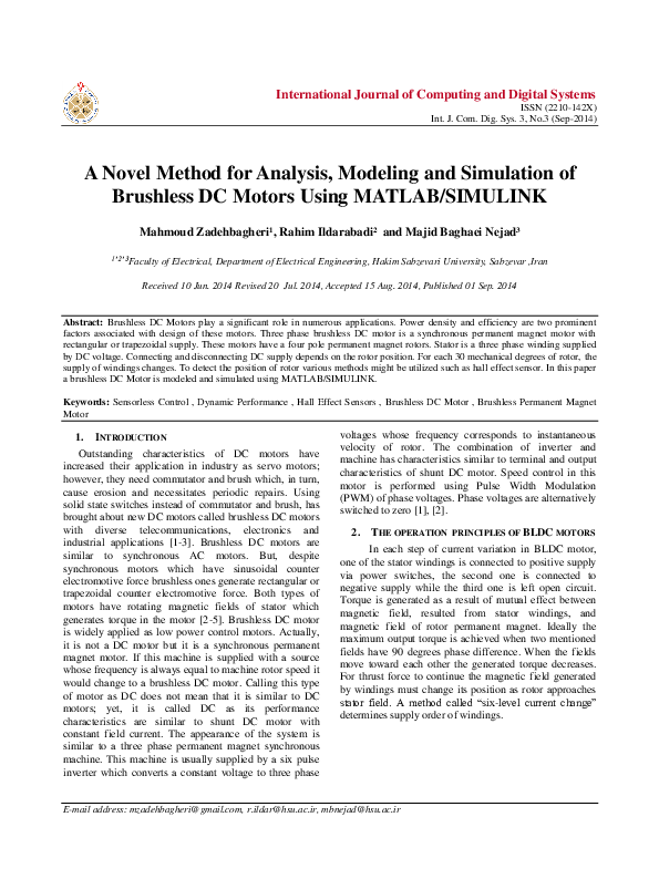 (PDF) A Novel Method for Analysis, Modeling and Simulation of Brushless DC Motors Using MATLAB ...