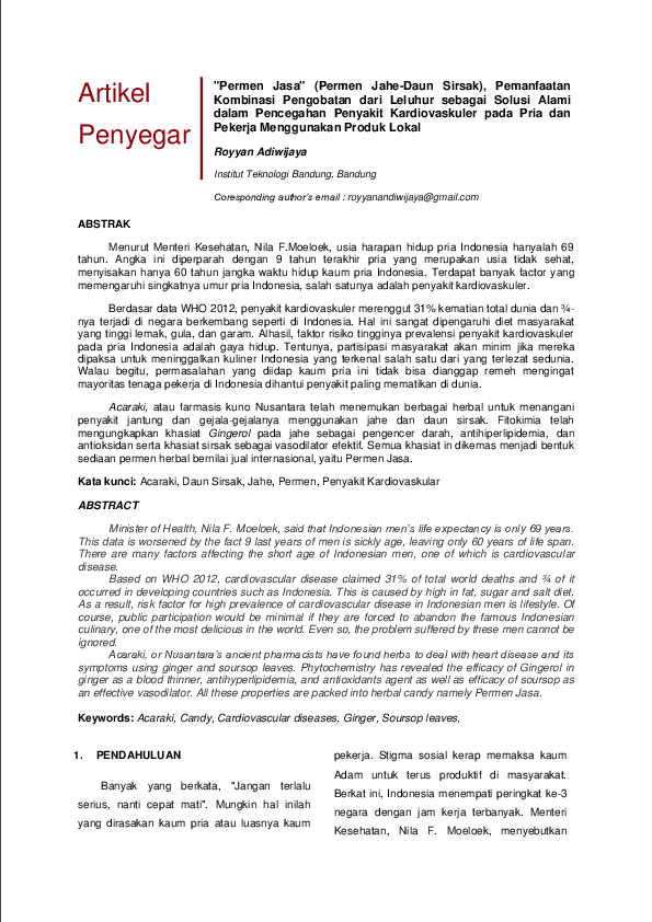 (PDF) Permen Jasa" (Permen Jahe-Daun Sirsak), Pemanfaatan Kombinasi ...